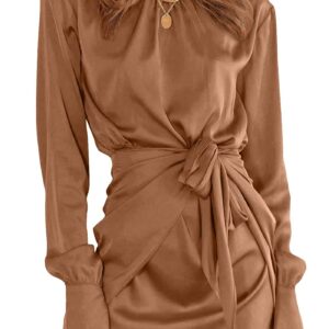 PRETTYGARDEN Women's Spring Satin Dress Long Sleeve Tie Waist Elegant Cocktail Party Mini Fall Dresses(Khaki,Small)