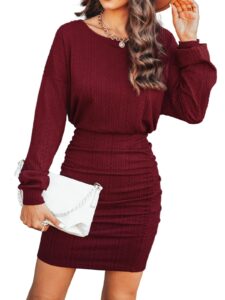 cupshe women's knit round neck ruched short length dresses elastic waist bodycon dress with long sleeves, wine red l