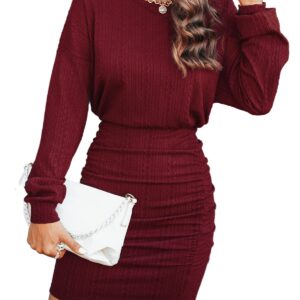 CUPSHE Women's Knit Round Neck Ruched Short Length Dresses Elastic Waist Bodycon Dress with Long Sleeves, Wine Red L