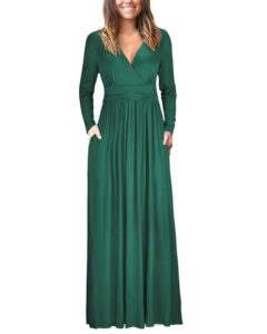 ouges womens long sleeve green dress v-neck wrap waist maxi dress(green,m)