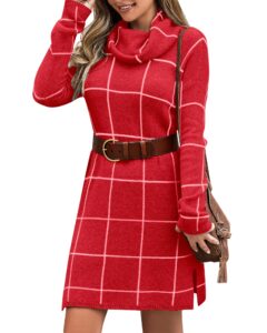 luvamia women's casual turtleneck knitted sweater long sleeves grid warm comfy pullover sweater dress womens long sleeve dresses christmas dresses for women luscious red size medium size 8 size 10