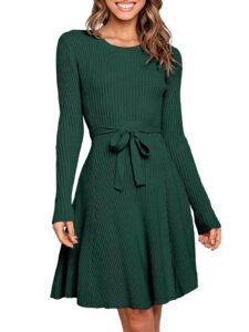 anrabess women long sleeve fall dresses 2024 crewneck tie waist a-line swing casual ribbed knit cute short sweater dress green large