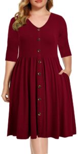 bedoar plus size 3/4 sleeve christmas red dresses button swing knee length daily dresses(b004burgundy, 14w)