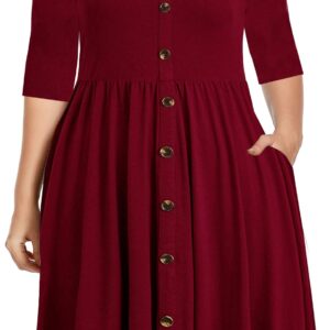 BEDOAR Plus size 3/4 Sleeve Christmas Red Dresses Button Swing Knee Length Daily Dresses(B004Burgundy, 14W)