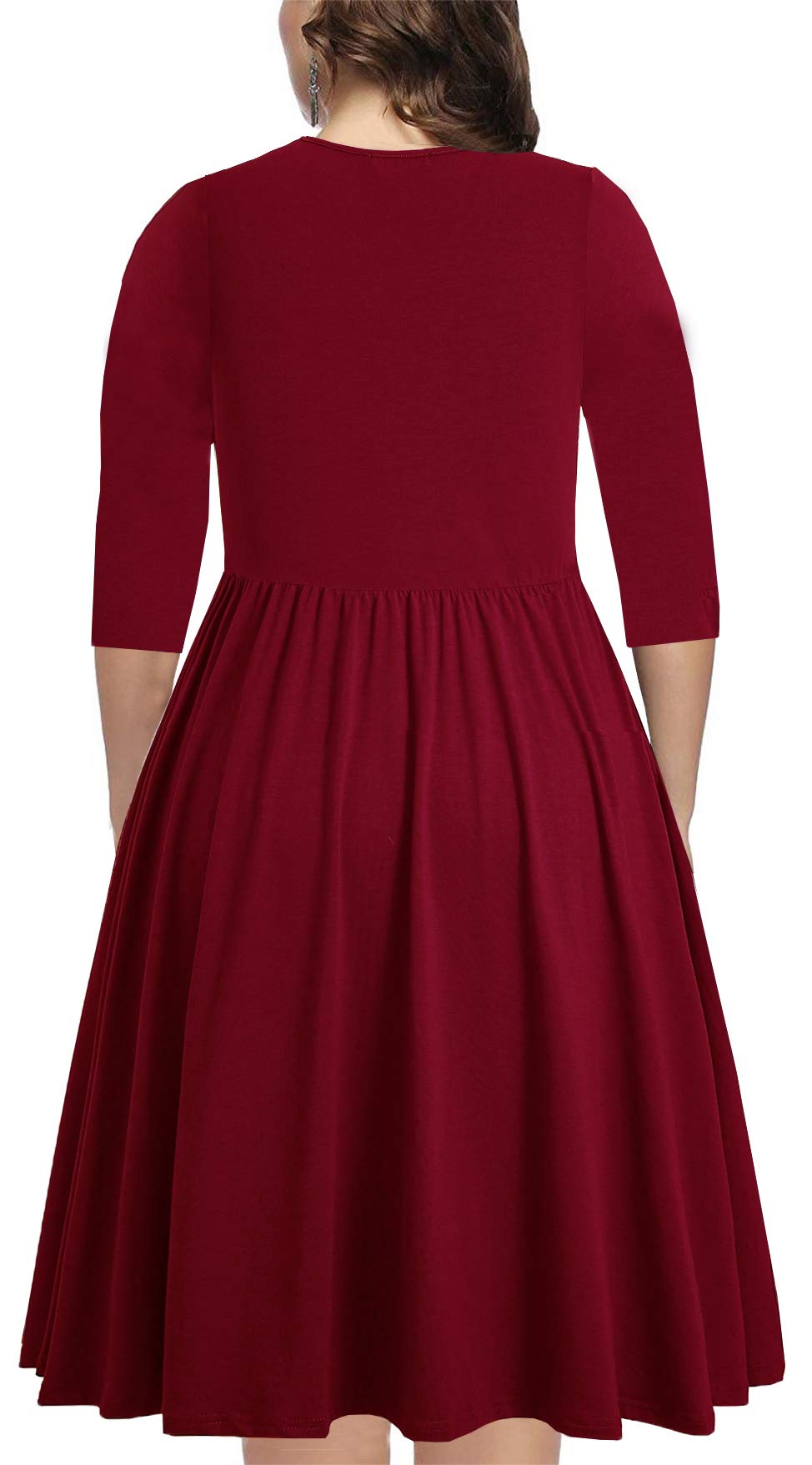 BEDOAR Plus size 3/4 Sleeve Christmas Red Dresses Button Swing Knee Length Daily Dresses(B004Burgundy, 14W)