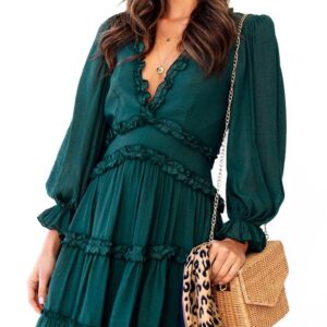 Dokotoo Womens Cute Summer Spring Casual Sexy Deep V Neck Ruffle Chiffon Lantern Long Sleeve Elegant Boho Hawaiian Flowy Mini Short Skirt Dresses for Women Party Party 2024 Green Small