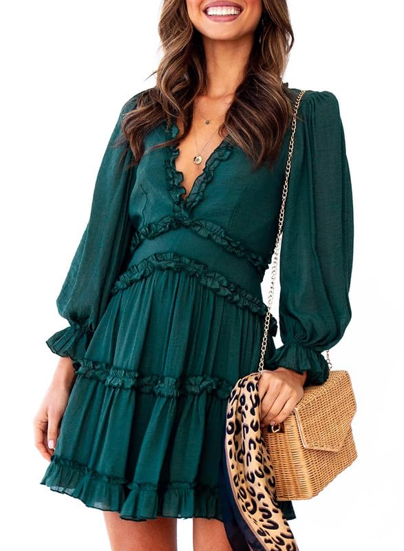 Dokotoo Womens Cute Summer Spring Casual Sexy Deep V Neck Ruffle Chiffon Lantern Long Sleeve Elegant Boho Hawaiian Flowy Mini Short Skirt Dresses for Women Party Party 2024 Green Small