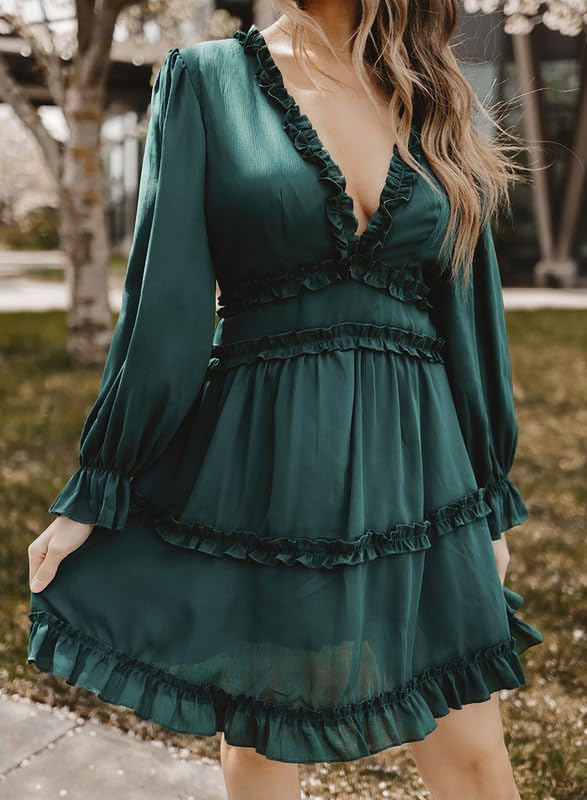 Dokotoo Womens Cute Summer Spring Casual Sexy Deep V Neck Ruffle Chiffon Lantern Long Sleeve Elegant Boho Hawaiian Flowy Mini Short Skirt Dresses for Women Party Party 2024 Green Small