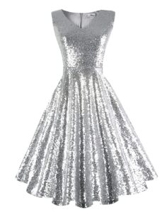 dressever women's 50s 60s vintage sleeveless cocktail party dress with pockets sequins silver l