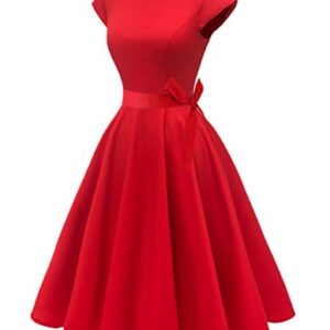 PUKAVT Women's 1950 Boatneck Cap Sleeve Vintage Swing Cocktail Party Dress with Pockets Red XL