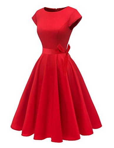 PUKAVT Women's 1950 Boatneck Cap Sleeve Vintage Swing Cocktail Party Dress with Pockets Red XL