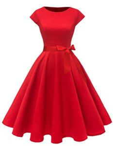 pukavt women's 1950 boatneck cap sleeve vintage swing cocktail party dress with pockets red xl