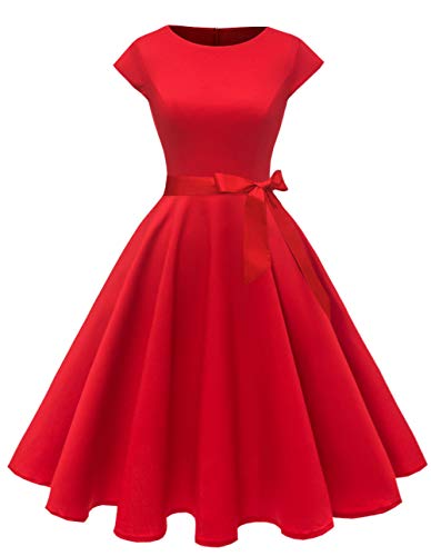 PUKAVT Women's 1950 Boatneck Cap Sleeve Vintage Swing Cocktail Party Dress with Pockets Red XL