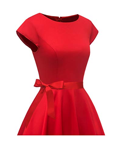 PUKAVT Women's 1950 Boatneck Cap Sleeve Vintage Swing Cocktail Party Dress with Pockets Red XL