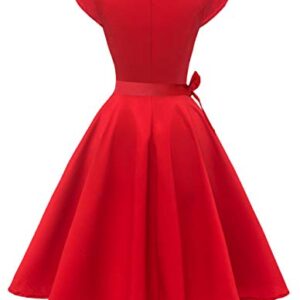 PUKAVT Women's 1950 Boatneck Cap Sleeve Vintage Swing Cocktail Party Dress with Pockets Red XL