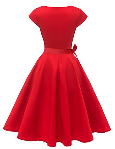 PUKAVT Women's 1950 Boatneck Cap Sleeve Vintage Swing Cocktail Party Dress with Pockets Red XL