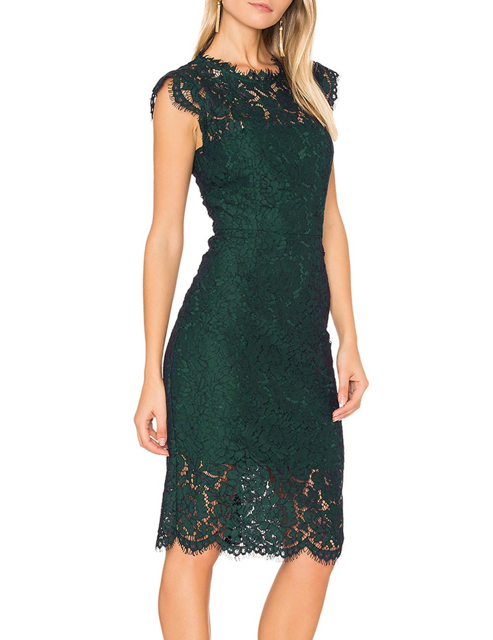 MEROKEETY Women's Sleeveless Lace Floral Elegant Cocktail Dress Crew Neck Knee Length for Party, Dark Green, Large