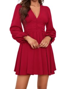 umenlele women's v neck ruched ruffle puff long sleeve cocktail flowy mini short dress cherry small