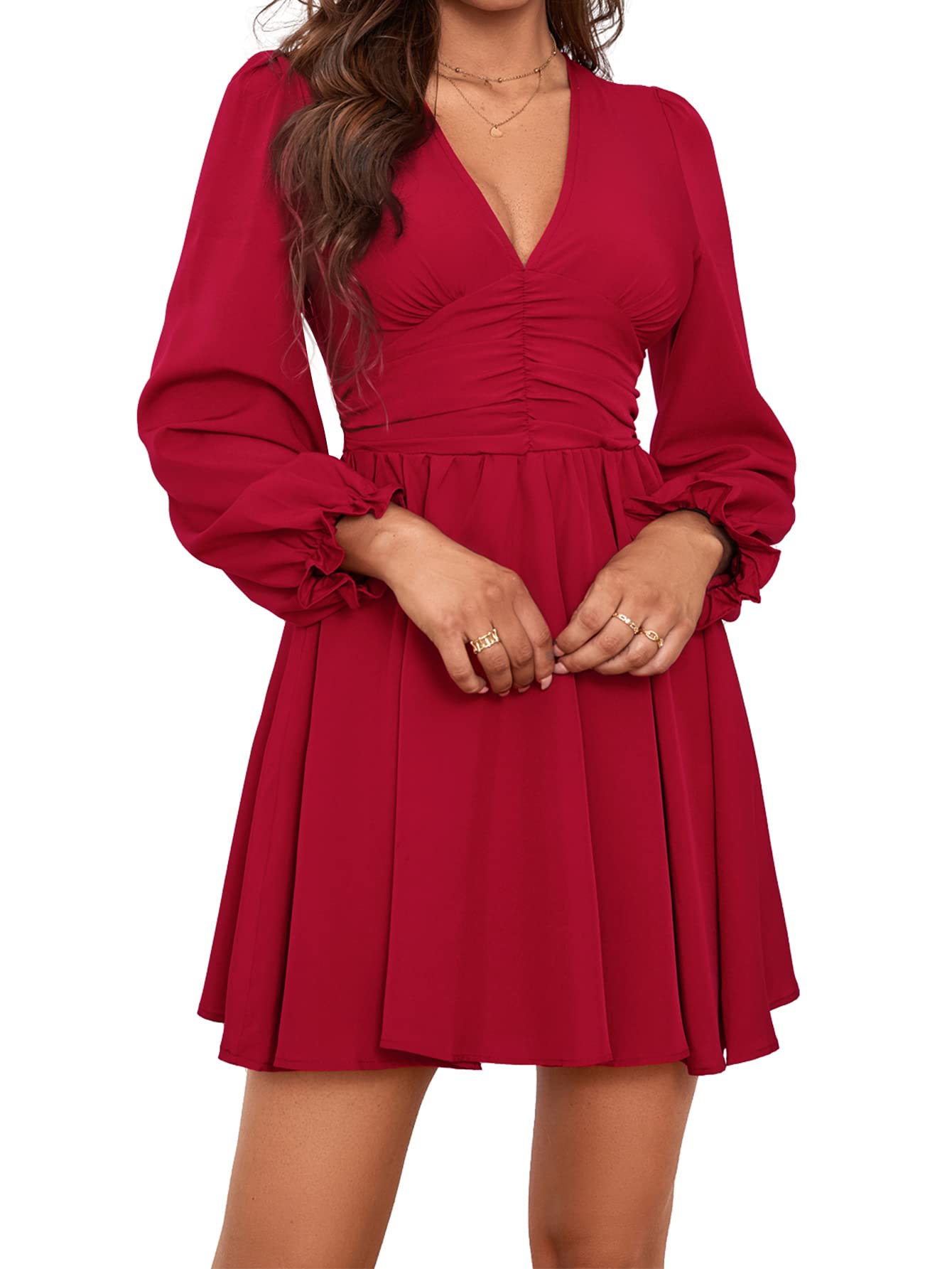 Umenlele Women's V Neck Ruched Ruffle Puff Long Sleeve Cocktail Flowy Mini Short Dress Cherry Small