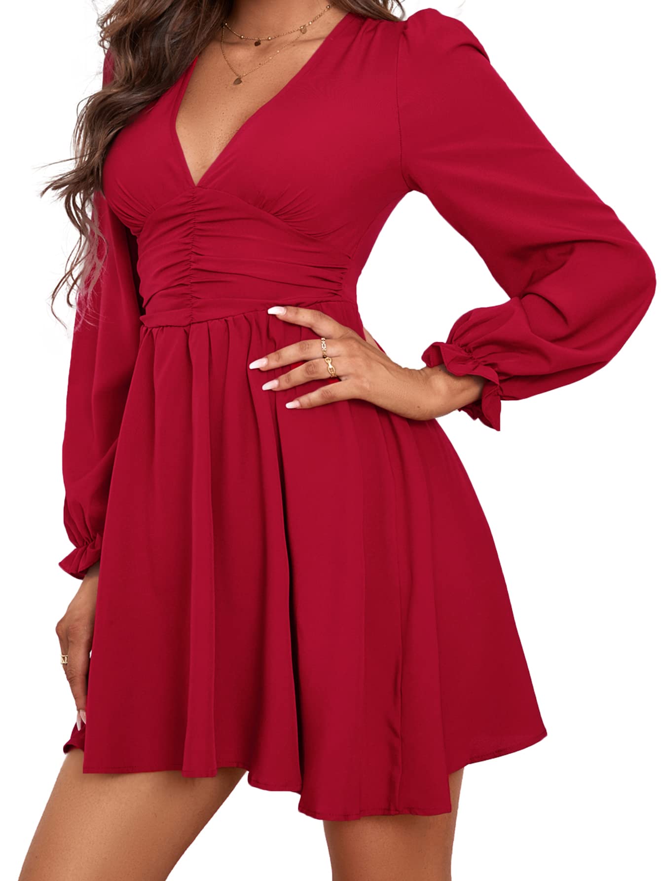 Umenlele Women's V Neck Ruched Ruffle Puff Long Sleeve Cocktail Flowy Mini Short Dress Cherry Small