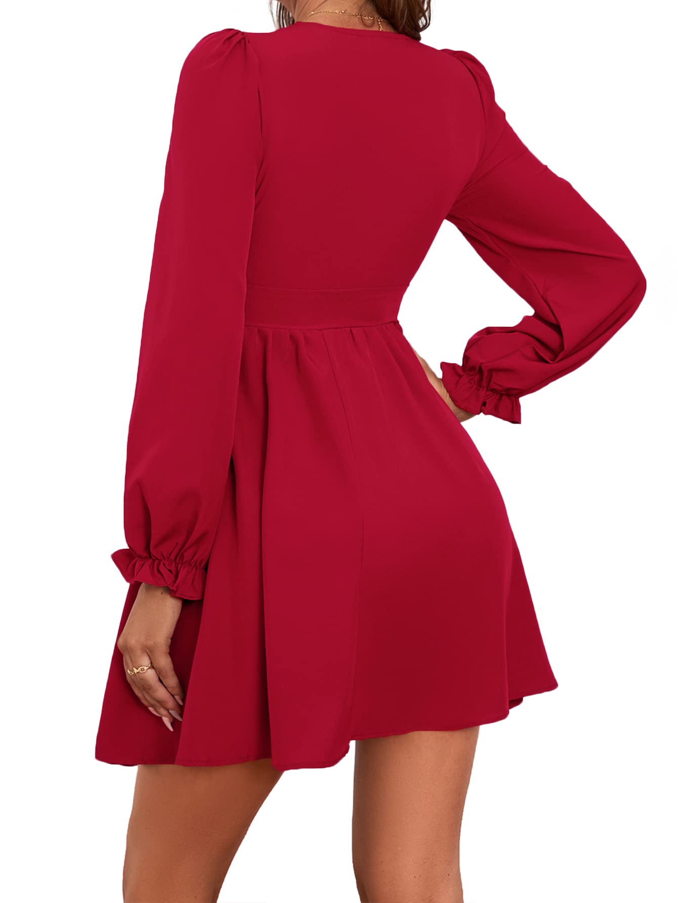 Umenlele Women's V Neck Ruched Ruffle Puff Long Sleeve Cocktail Flowy Mini Short Dress Cherry Small