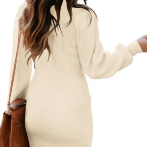 ANRABESS Women Long Sleeve Turtle Mock Neck Rib Knit Stretch Slim Fitted Bodycon Sweater Mini Short Dress 2024 Fall Outfits Beige Large