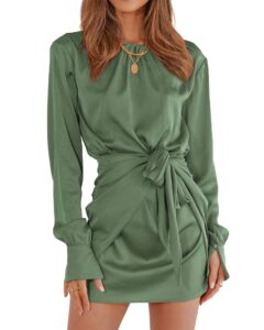 btfbm women casual long sleeve ruched wrap dress crew neck tie waist short dress solid color mini dress satin cocktail dress(solid army green,large)