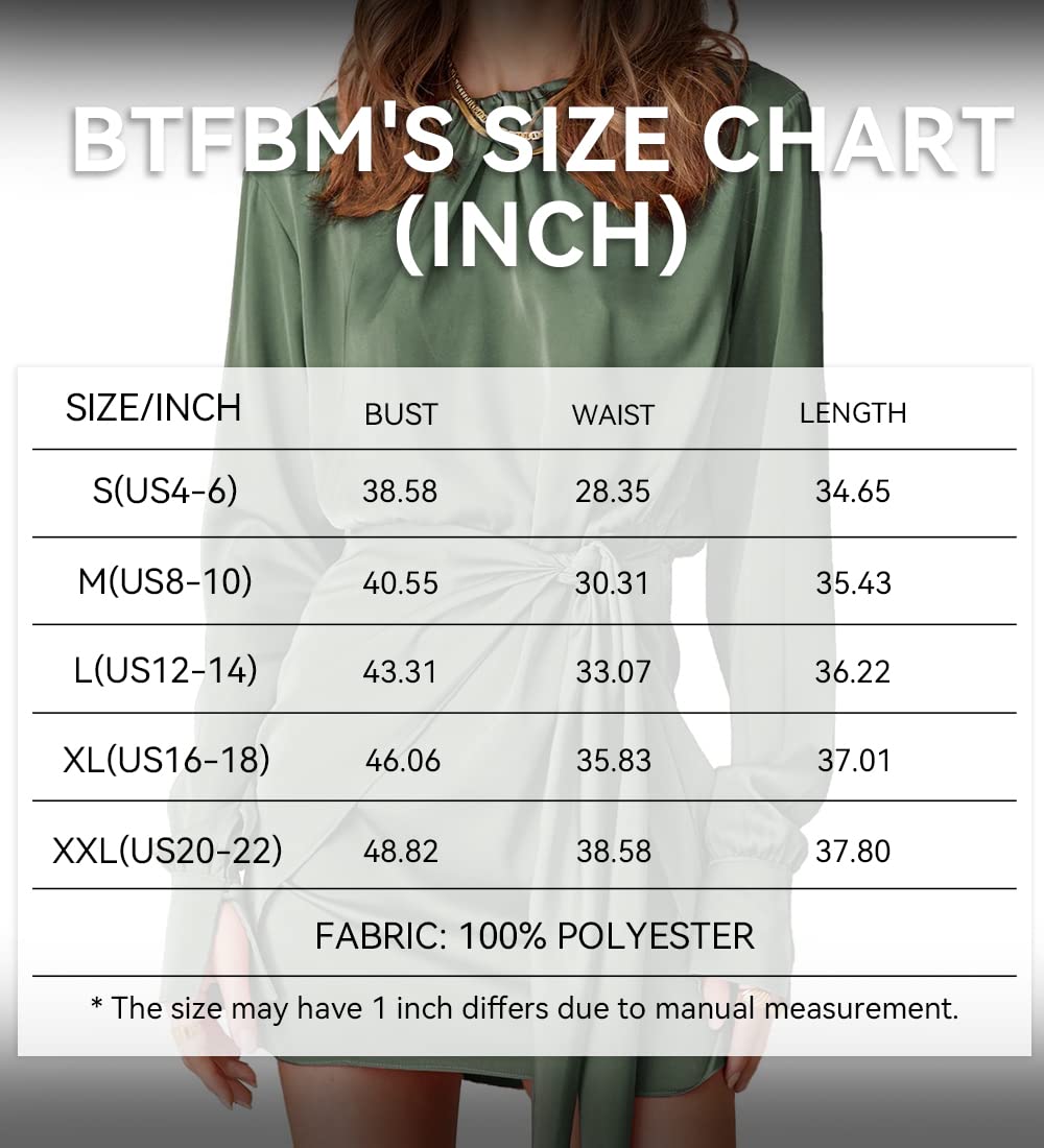 BTFBM Women Casual Long Sleeve Ruched Wrap Dress Crew Neck Tie Waist Short Dress Solid Color Mini Dress Satin Cocktail Dress(Solid Army Green,Large)