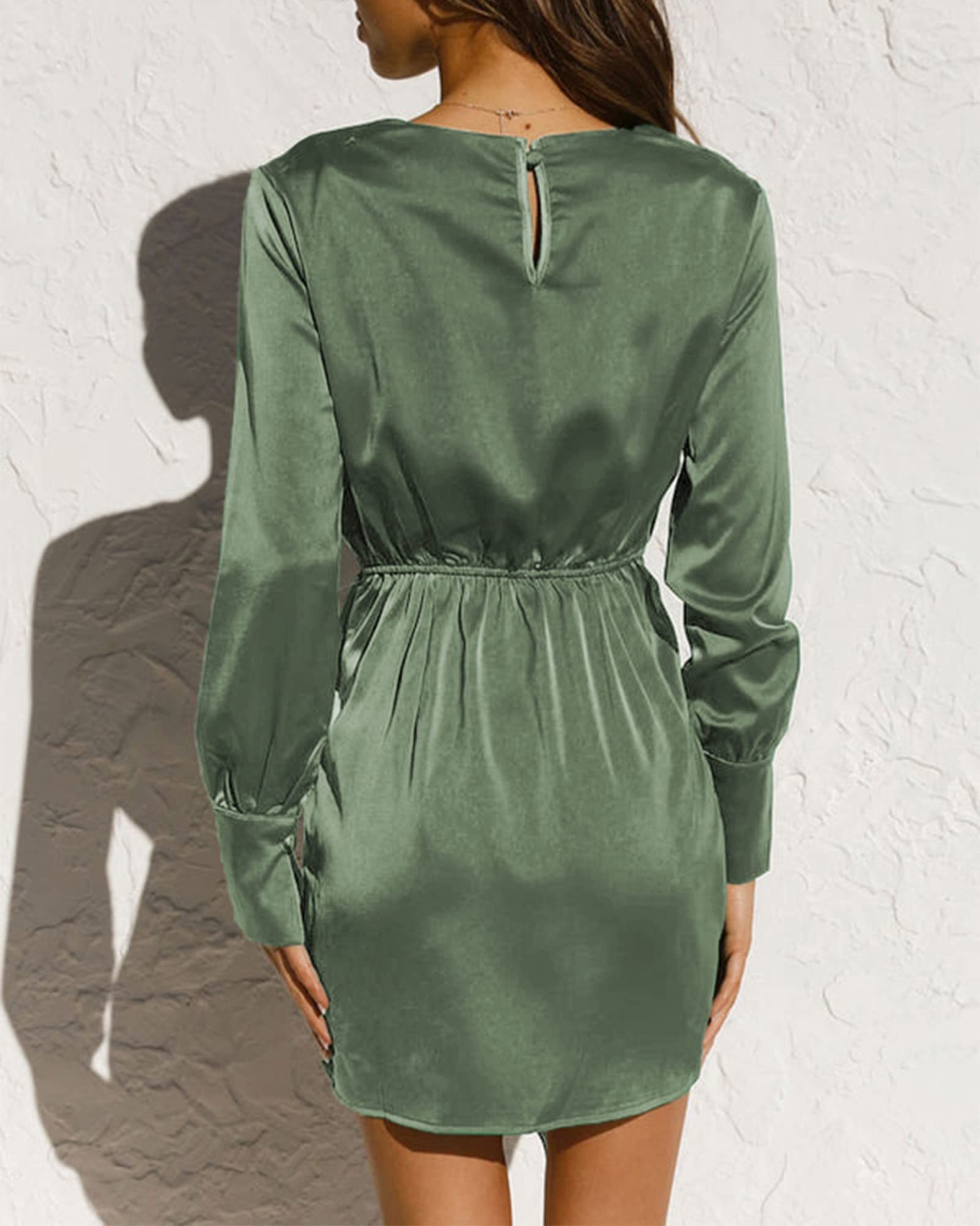 BTFBM Women Casual Long Sleeve Ruched Wrap Dress Crew Neck Tie Waist Short Dress Solid Color Mini Dress Satin Cocktail Dress(Solid Army Green,Large)