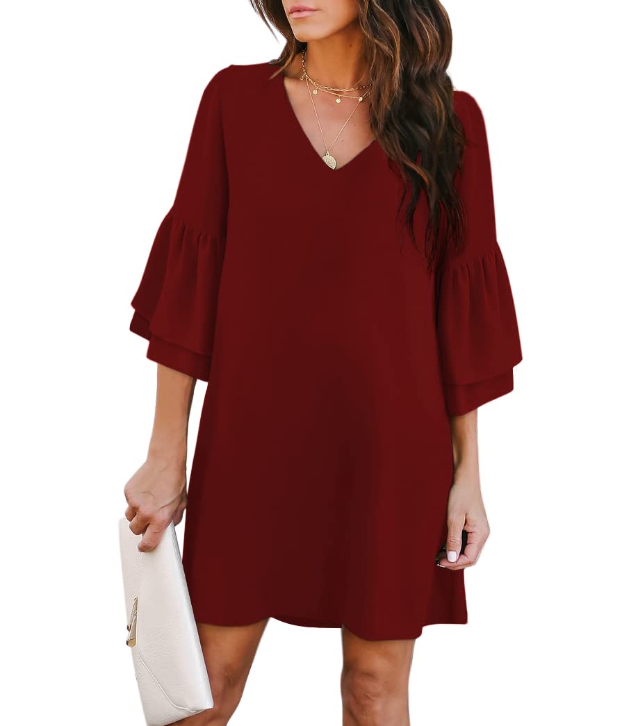 BELONGSCI Women's 2023 Summer Dress Sweet & Cute V-Neck Bell Sleeve Shift Dress Mini Dress, Perfect for Wedding or Graduation