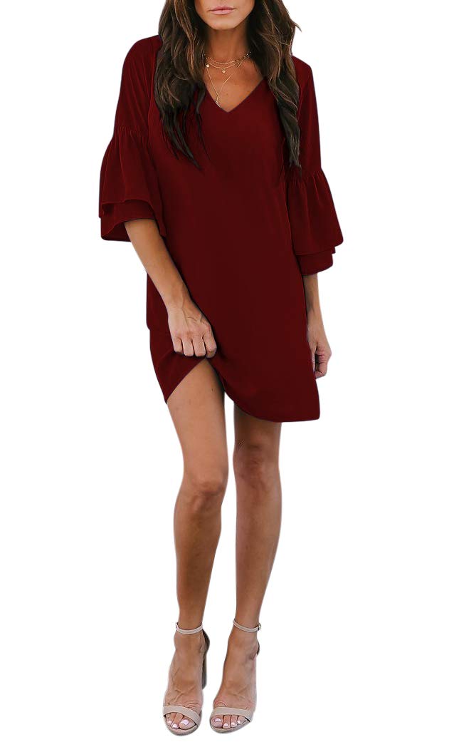 BELONGSCI Women's 2023 Summer Dress Sweet & Cute V-Neck Bell Sleeve Shift Dress Mini Dress, Perfect for Wedding or Graduation