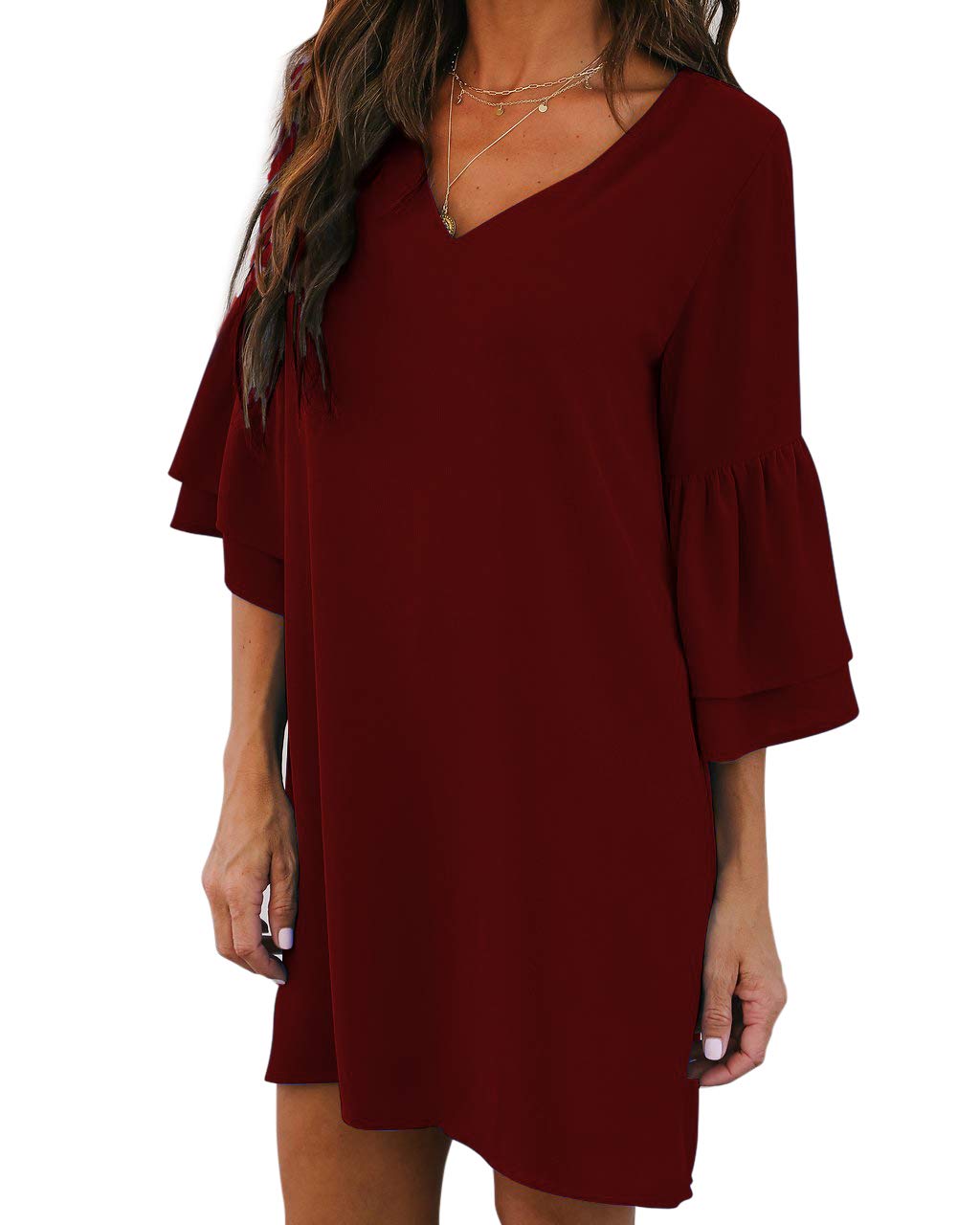 BELONGSCI Women's 2023 Summer Dress Sweet & Cute V-Neck Bell Sleeve Shift Dress Mini Dress, Perfect for Wedding or Graduation