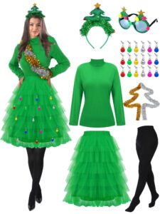 xtinmee 25 pcs christmas tree costume set for women festive party dress christmas tree adult outfit for xmas party costumes (x-large)