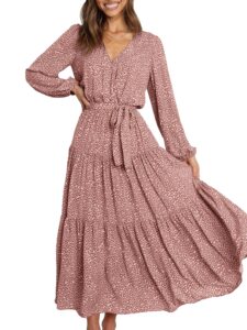 prettygarden women's 2024 long sleeve ruffle wrap v neck floral maxi dress tie waist boho chiffon casual flowy long dress(pink,large)