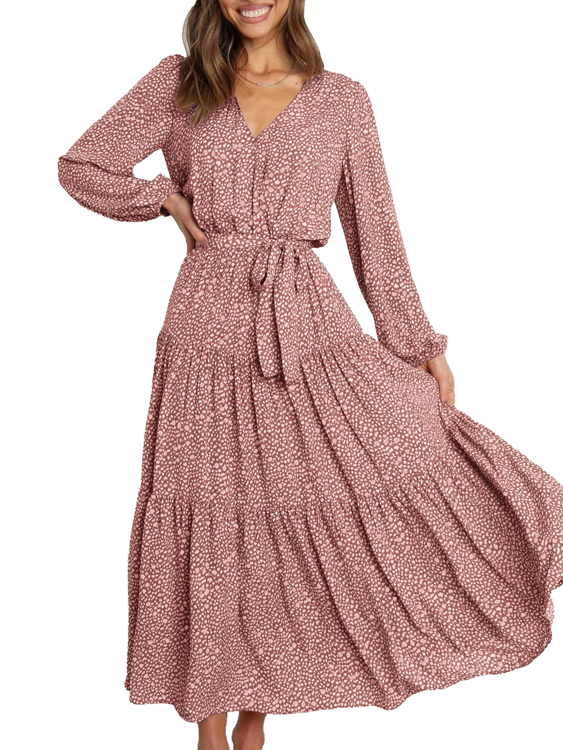 PRETTYGARDEN Women's 2024 Long Sleeve Ruffle Wrap V Neck Floral Maxi Dress Tie Waist Boho Chiffon Casual Flowy Long Dress(Pink,Large)