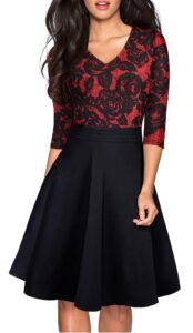 homeyee women's chic v-neck lace patchwork flare party dress a062 (8, red+black fabric b)