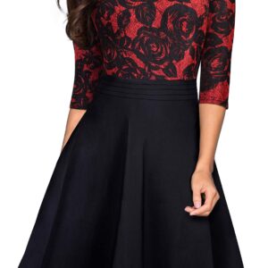 HOMEYEE Women's Chic V-Neck Lace Patchwork Flare Party Dress A062 (8, Red+Black Fabric B)