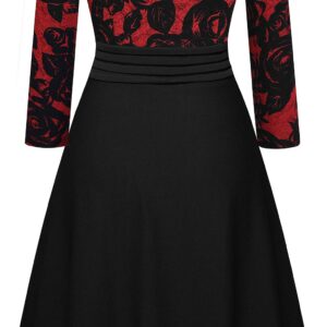 HOMEYEE Women's Chic V-Neck Lace Patchwork Flare Party Dress A062 (8, Red+Black Fabric B)