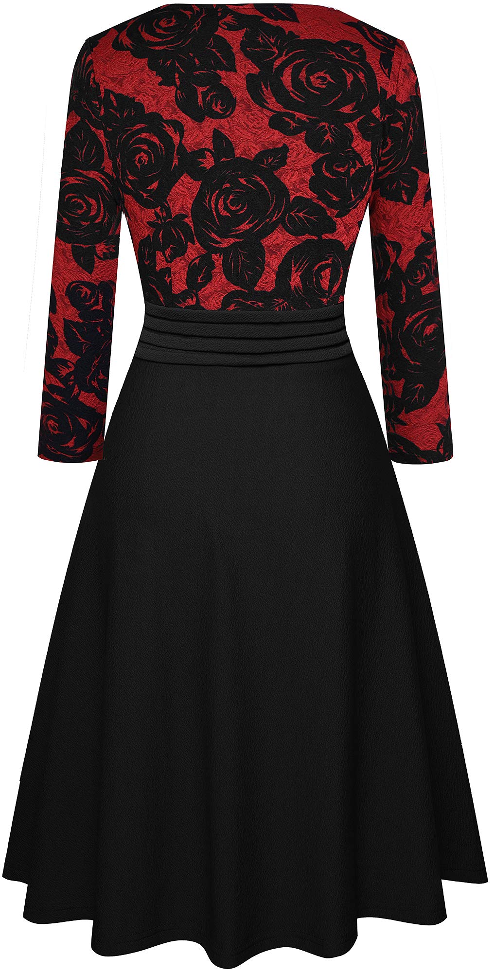 HOMEYEE Women's Chic V-Neck Lace Patchwork Flare Party Dress A062 (8, Red+Black Fabric B)