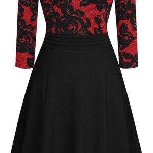 HOMEYEE Women's Chic V-Neck Lace Patchwork Flare Party Dress A062 (8, Red+Black Fabric B)