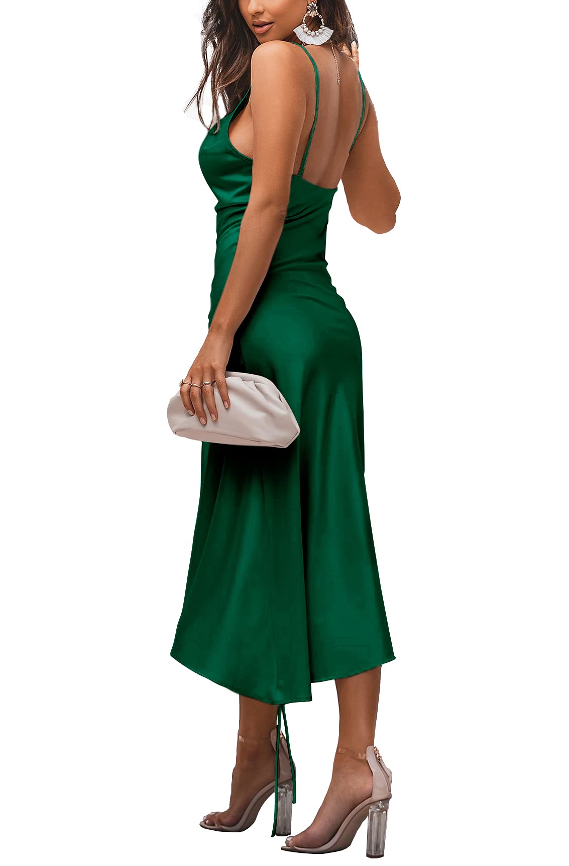 LYANER Women's Satin Spaghetti Straps Cowl Neck Sexy Ruch Cocktail Midi Dresses Dark Green Large