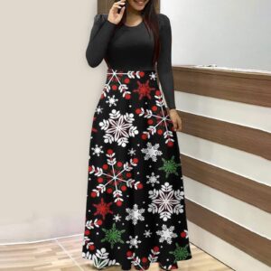 Christmas Maxi Dresses for Women 2024 Long Sleeve Crewneck Long Dresse Snowflake Printed Casual Cocktail Party Dresses