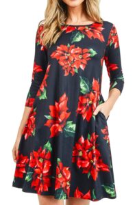 iconoflash women's plus size christmas flower dresses with pockets xl 3/4 sleeves flared swing dress poinsettia holiday party black