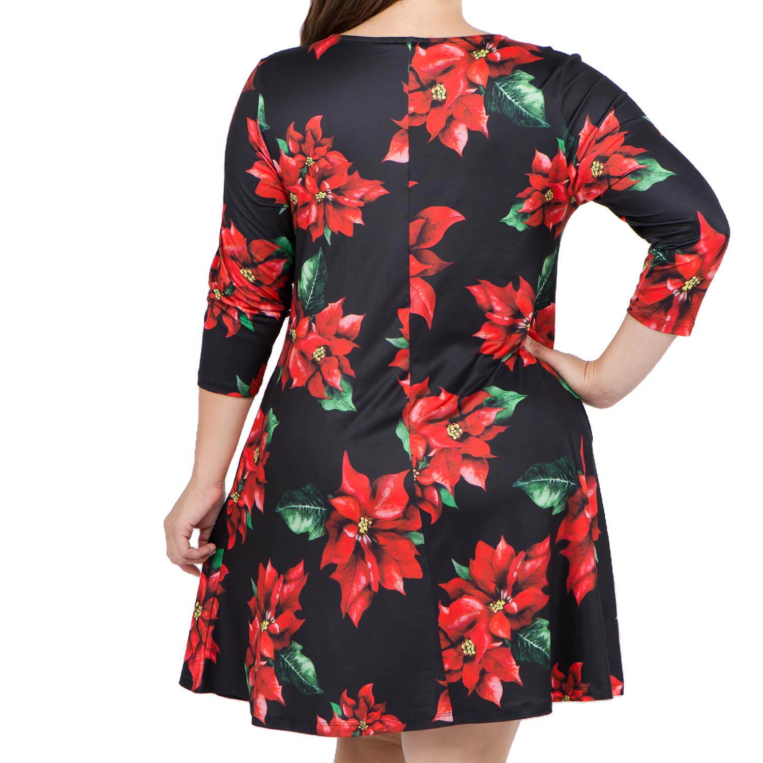 ICONOFLASH Women's Plus Size Christmas Flower Dresses with Pockets XL 3/4 Sleeves Flared Swing Dress Poinsettia Holiday Party Black