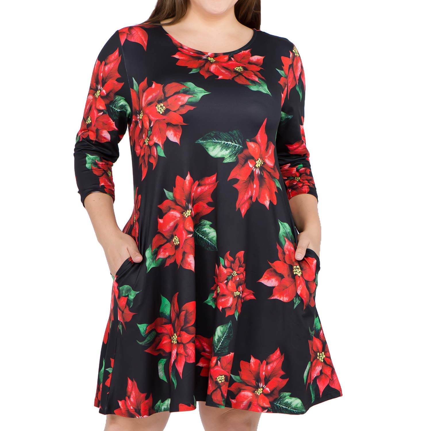 ICONOFLASH Women's Plus Size Christmas Flower Dresses with Pockets XL 3/4 Sleeves Flared Swing Dress Poinsettia Holiday Party Black