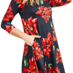 ICONOFLASH Women's Plus Size Christmas Flower Dresses with Pockets XL 3/4 Sleeves Flared Swing Dress Poinsettia Holiday Party Black