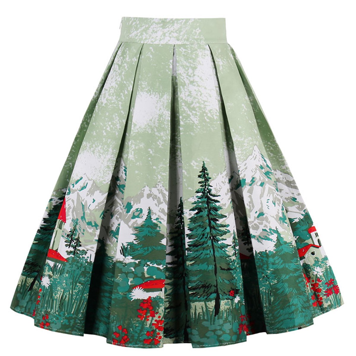 Dressever Women's Vintage A-line Printed Pleated Flared Midi Skirts Christmas Trees X Large