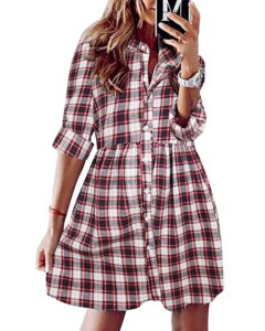 fancyinn women's gingham stand collar shirt dress button up casual round up long sleeve mini plaid shirt dresses christmas red and black xl