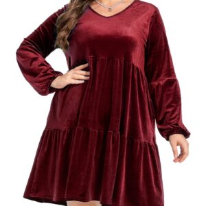 EORANF Womens Plus Size Velvet Dress Long Sleeve Christmas High Waist Dresses Ruched V Neck Tea Party Dress Wine Red 3XL