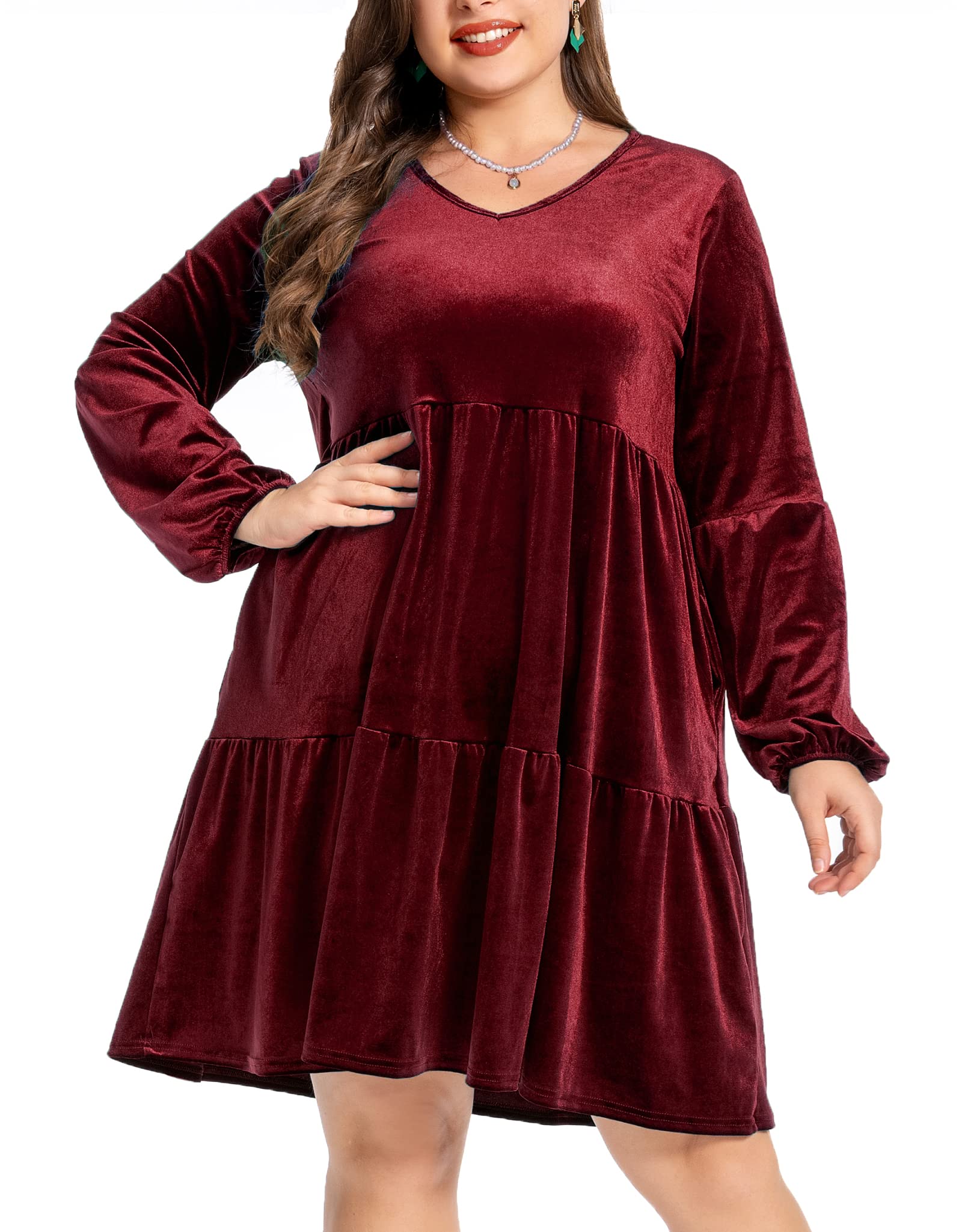 EORANF Womens Plus Size Velvet Dress Long Sleeve Christmas High Waist Dresses Ruched V Neck Tea Party Dress Wine Red 3XL